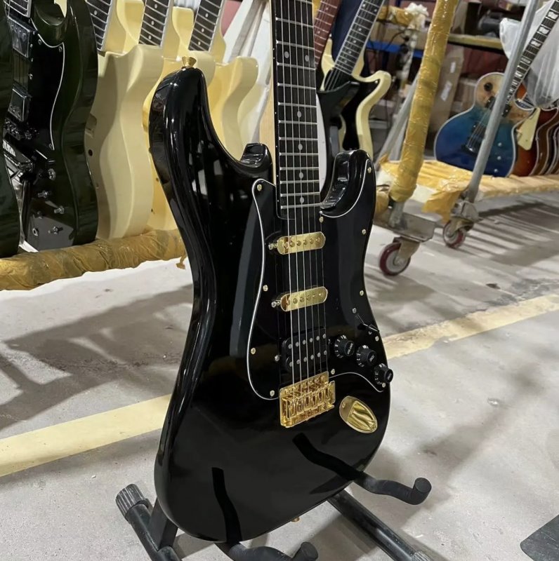 Custom ST Strat Electric Guitar with Black Color and Golden Hardware ...