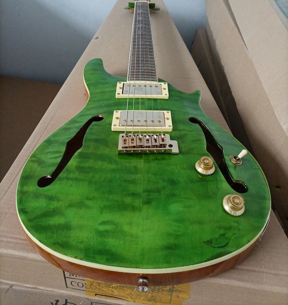 Custom Flamed Maple Neck 6 Strings Semi-hollow Green Electric Guitar