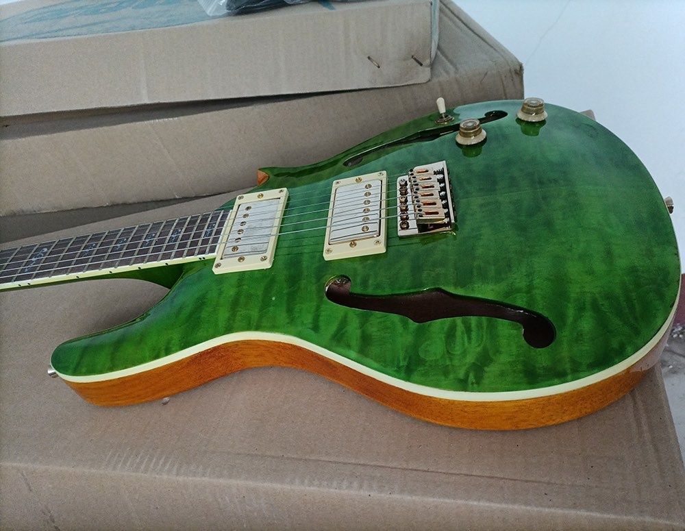 Custom Flamed Maple Neck 6 Strings Semi-hollow Green Electric Guitar