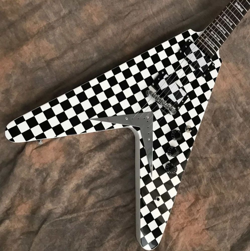 Custom V Shape Black and White Stripes Checkboard Electric Guitar