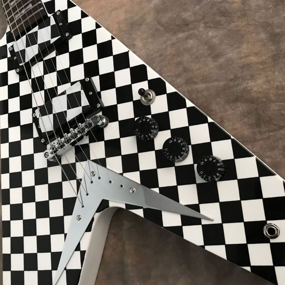 Custom V Shape Black and White Stripes Checkboard Electric Guitar